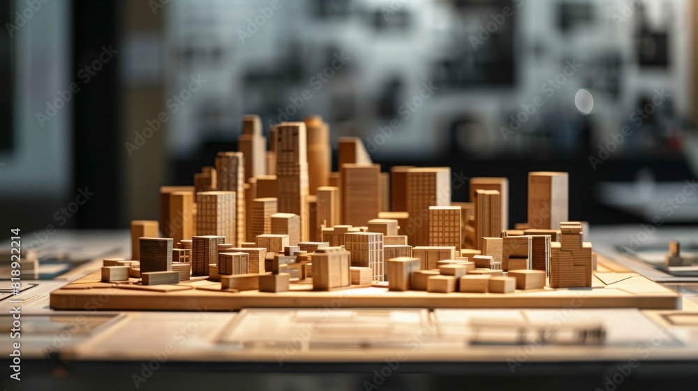 Miniature wooden model of a city skyline, representing urban planning ...
