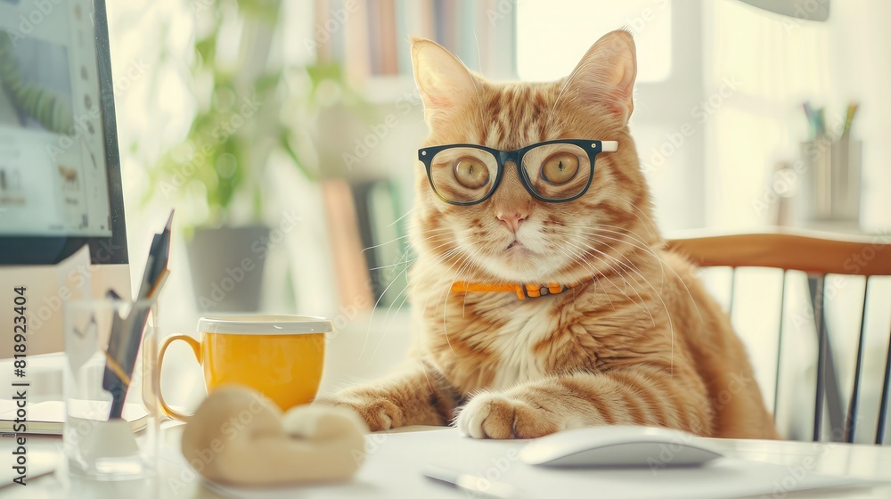 funny cat with glasses, appearing to work on a computer, with a cup of ...