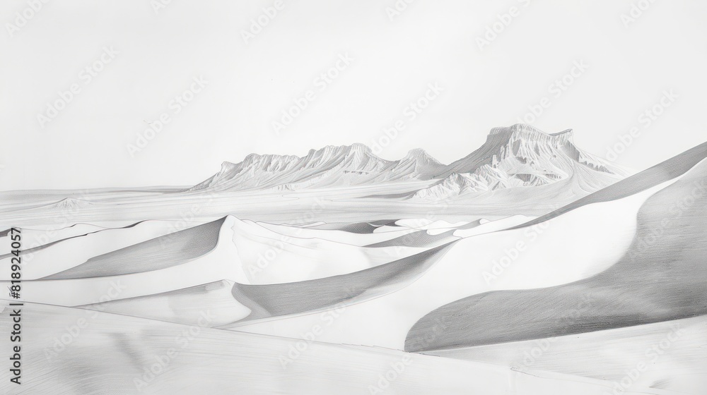 Detailed pencil sketch depicting rolling hills and rugged mountain ...