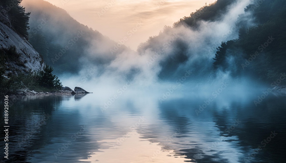 mystery coastal fog smoke on the shore reflection in water texture ...