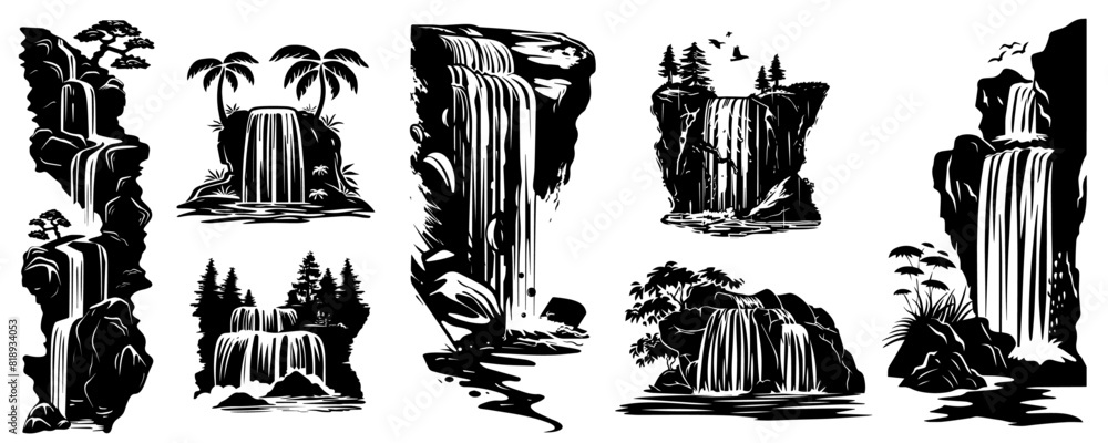 waterfall black vector silhouette shape, monochrome illustration for ...