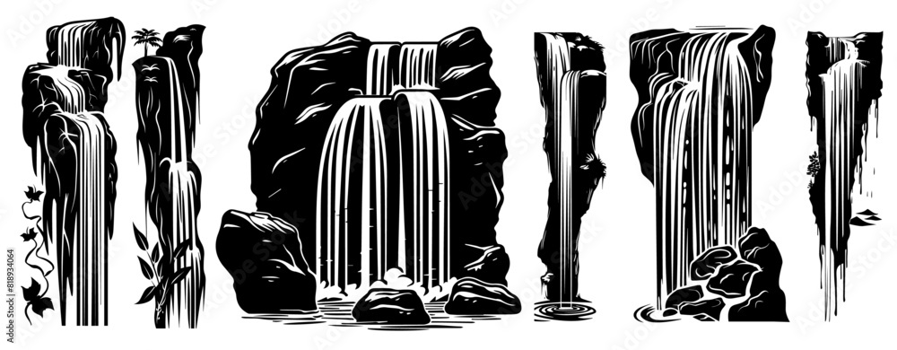 waterfall black vector silhouette shape, monochrome illustration for ...