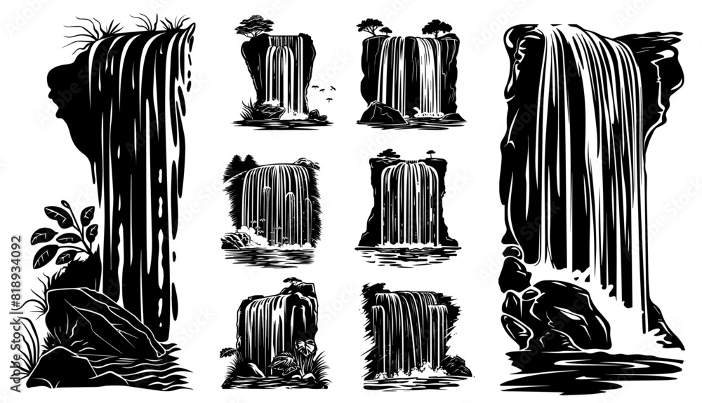 waterfall black vector silhouette shape, monochrome illustration for ...