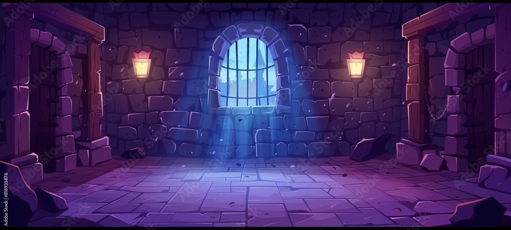 Medieval castle dungeon cell. Vibrant digital illustration showing a ...