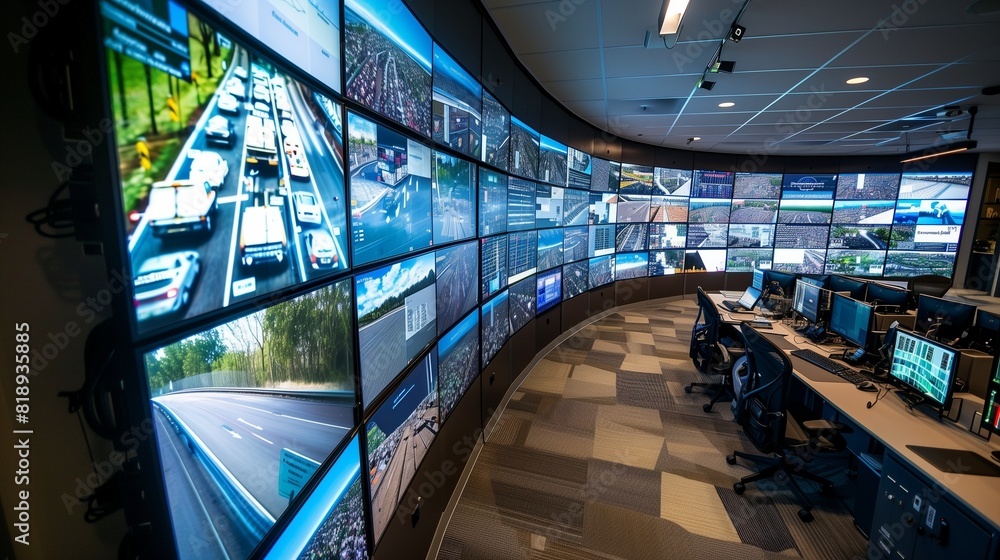 Modern traffic control center. Multiple screens displaying live traffic ...