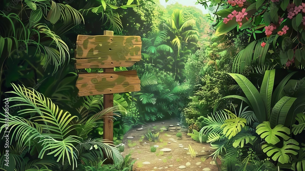 lush rainforest trailhead sign mockup hinting at abundant flora and ...