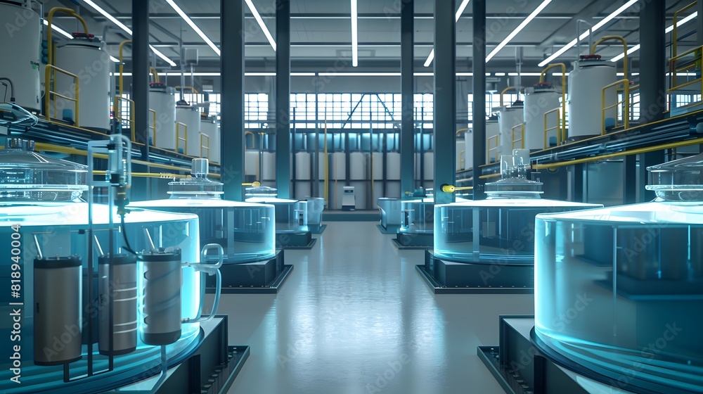 A laboratory scene with tanks of electrolytes and futuristic battery ...