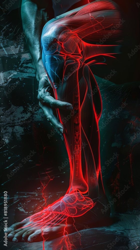 Illustration showing human leg anatomy with highlighted nerves, blood ...