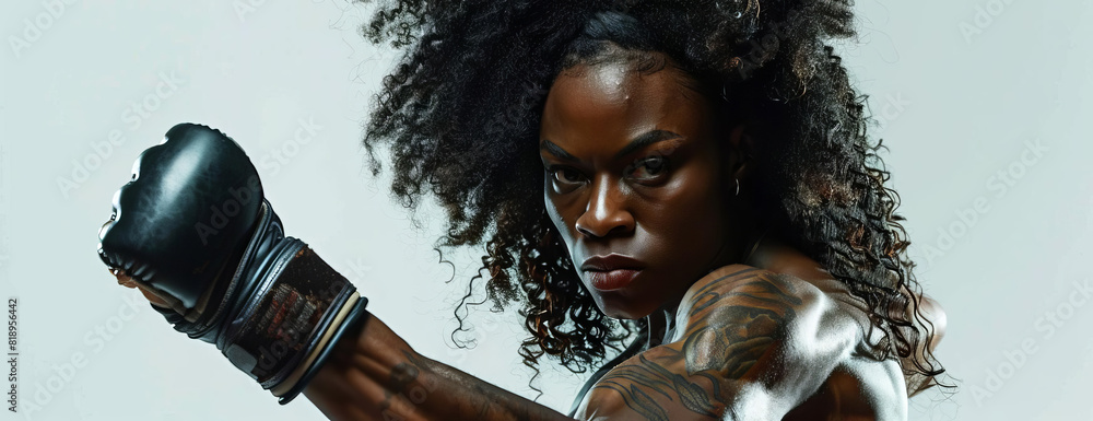 A young female boxer with curly hair and tattoos on her arms is shown ...