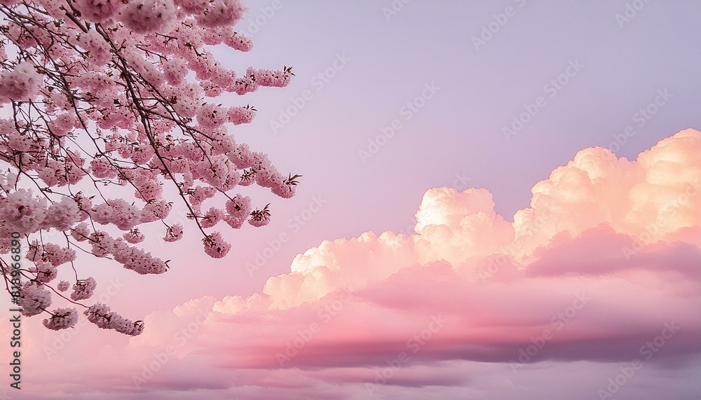 Light pink sky background with pastel color clouds with cherry blossoms ...