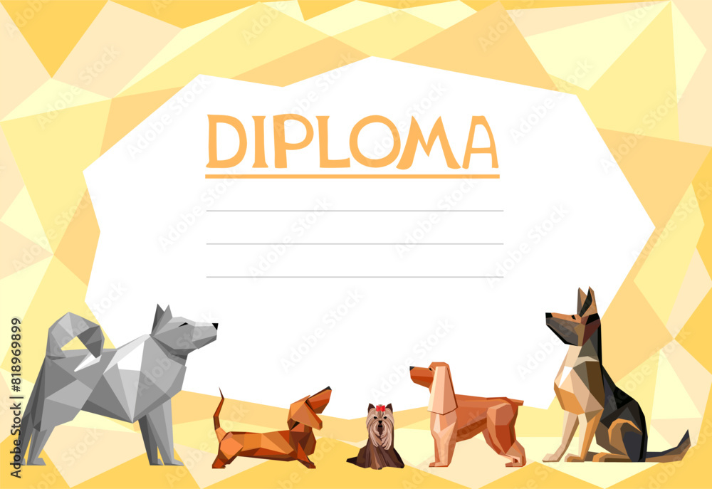 Dog pet care diploma or certificate vector template with cartoon zoo ...