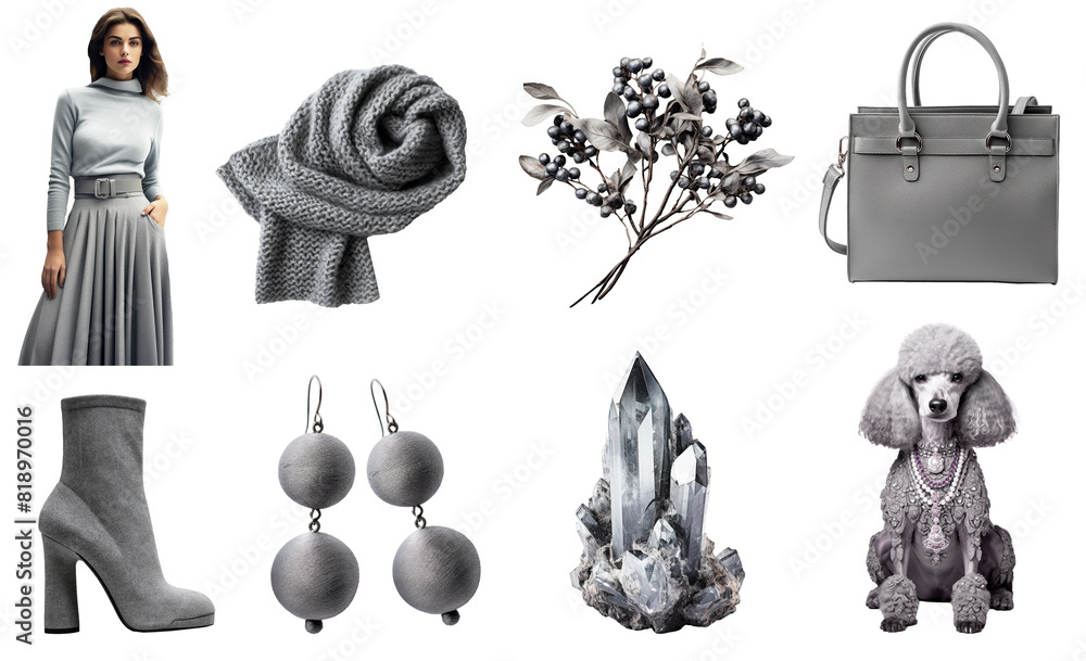 Set of grey fashion objects and model on png background. Ideal set for ...