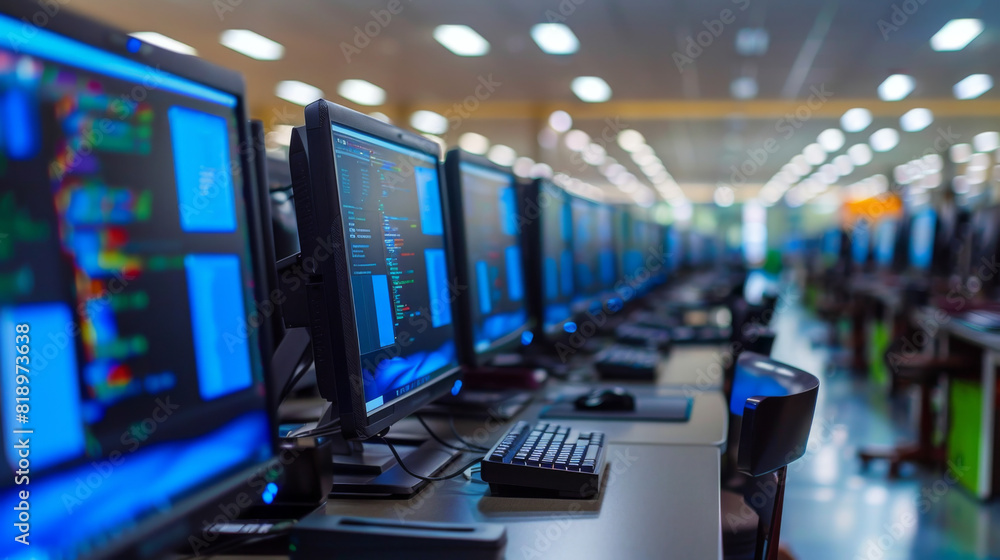 High-tech computer lab with multiple advanced workstations featuring ...