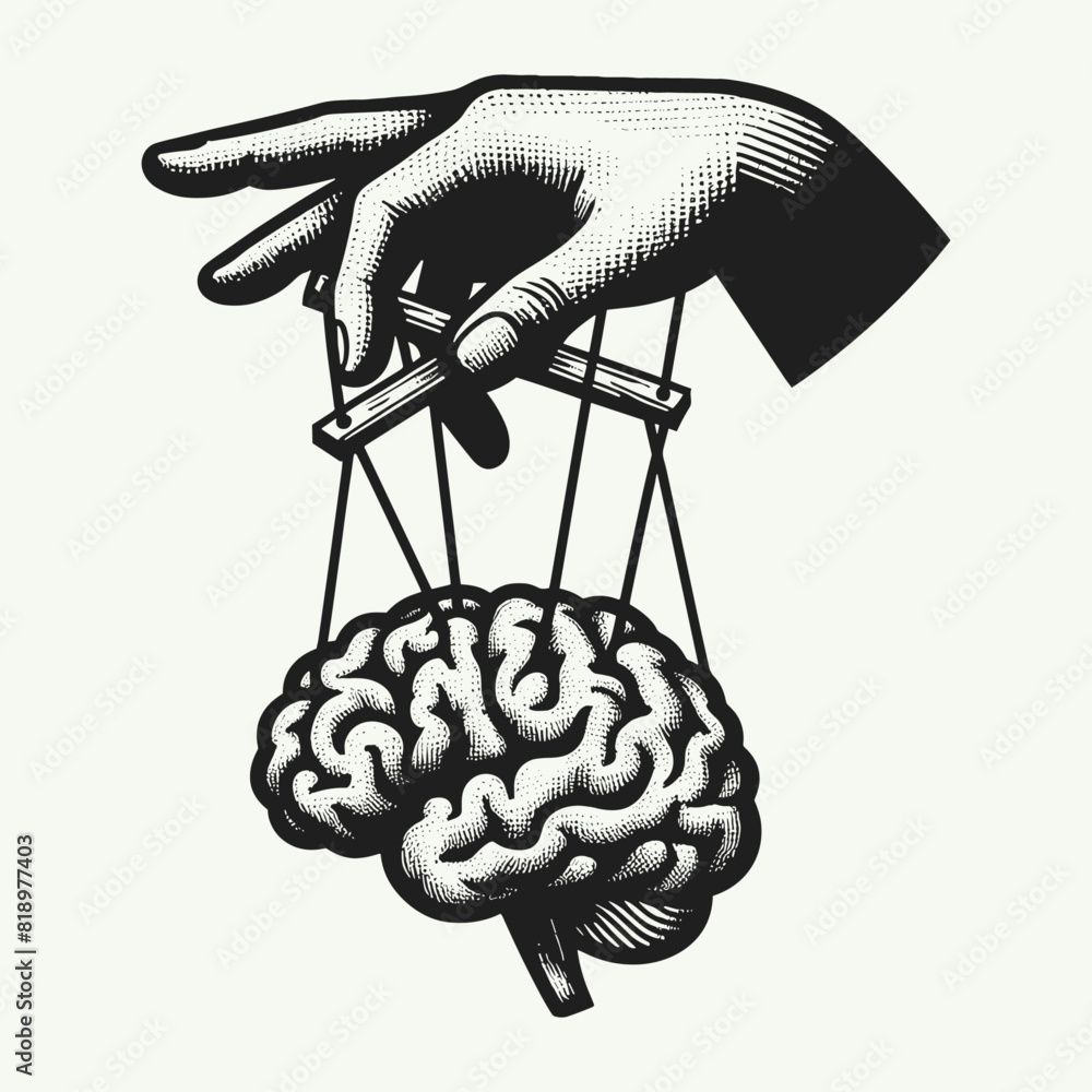 hand controlling a human brain puppet with strings illustration Stock ...