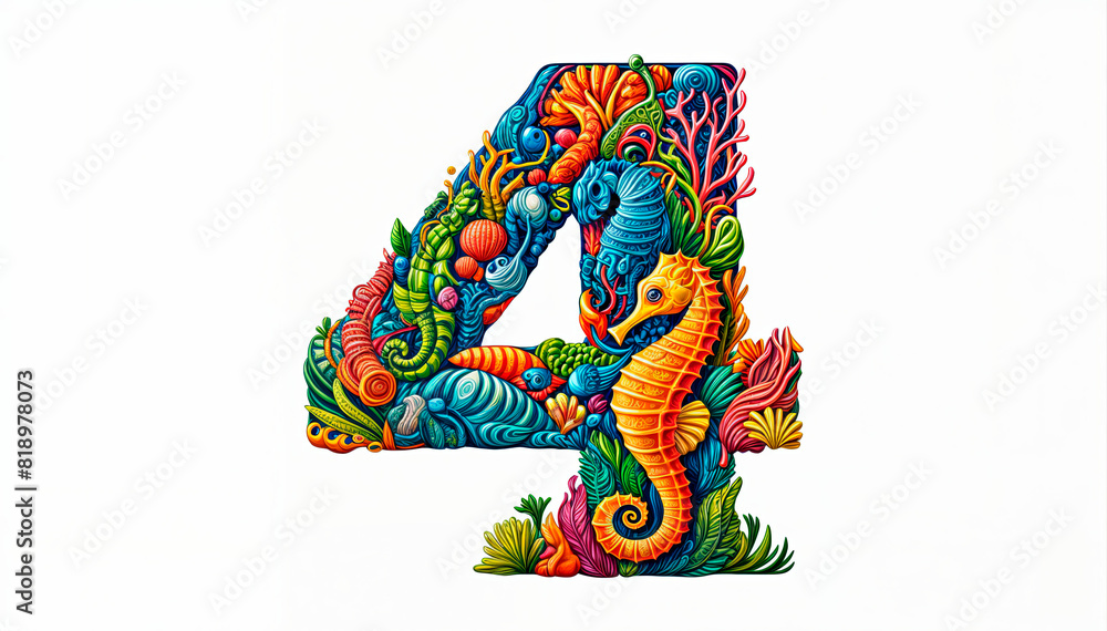 number 4 is adorned with vibrant marine life elements, featuring ...