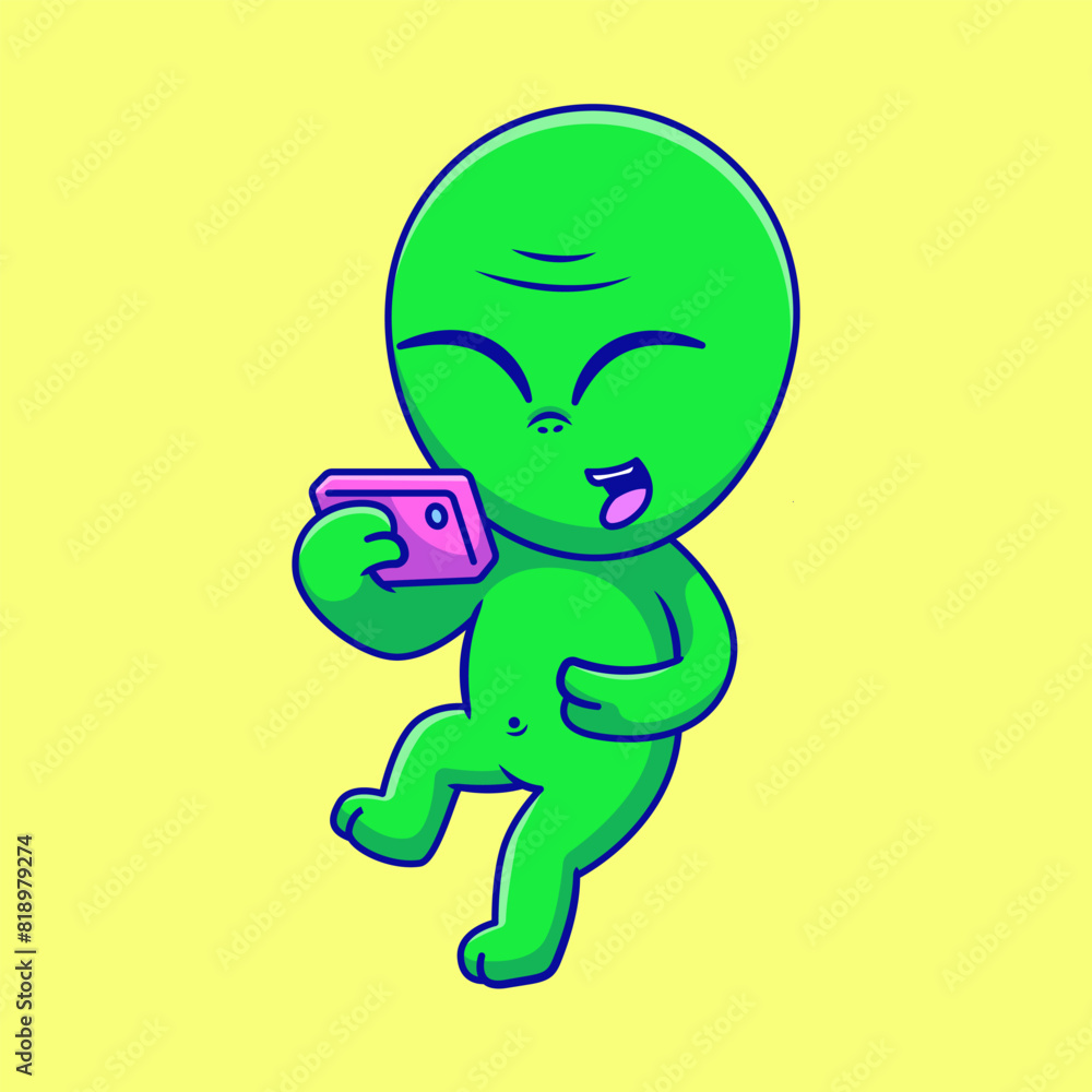 Cute Alien Playing Handphone Cartoon Vector Icons Illustration. Flat ...