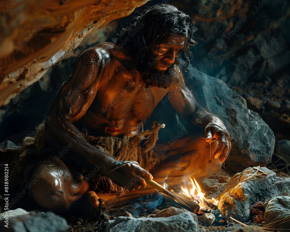 Asian Caveman Tending Fire Inside Rugged Prehistoric Cave with Ancient ...