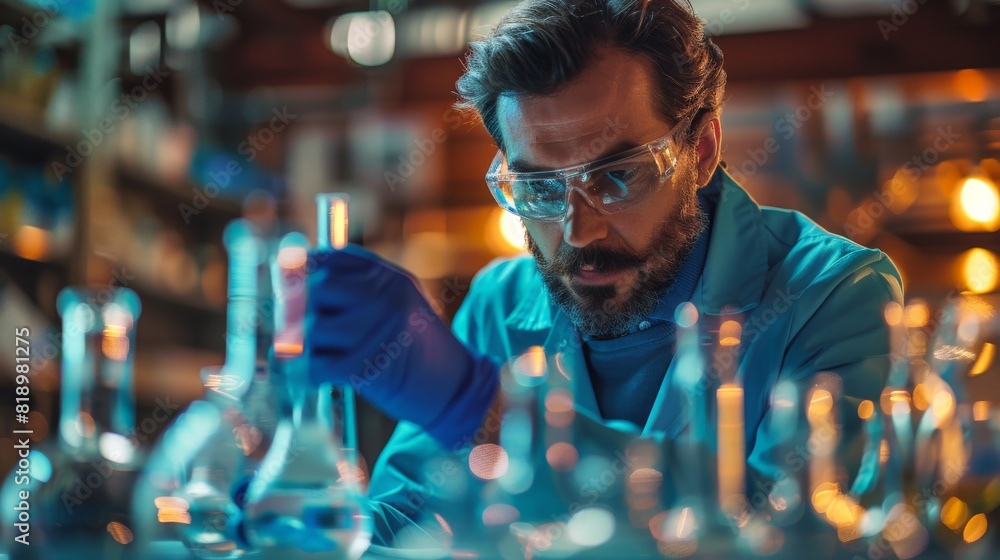 Chemist in a lab coat performing a chemical reaction experiment, with ...