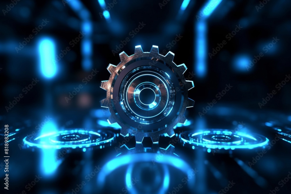 digital gears icon hologram on future tech background. productivity ...