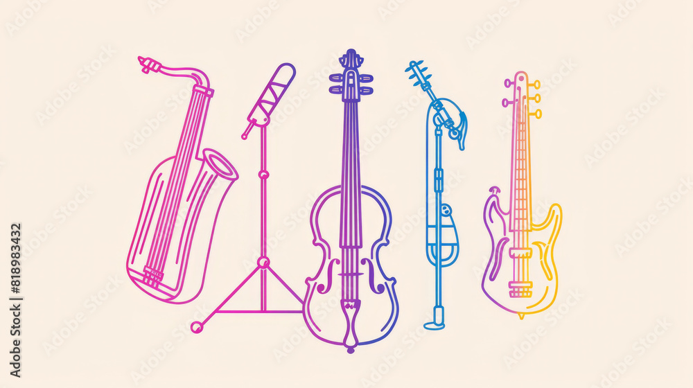 Colorful line art illustration of musical instruments including ...