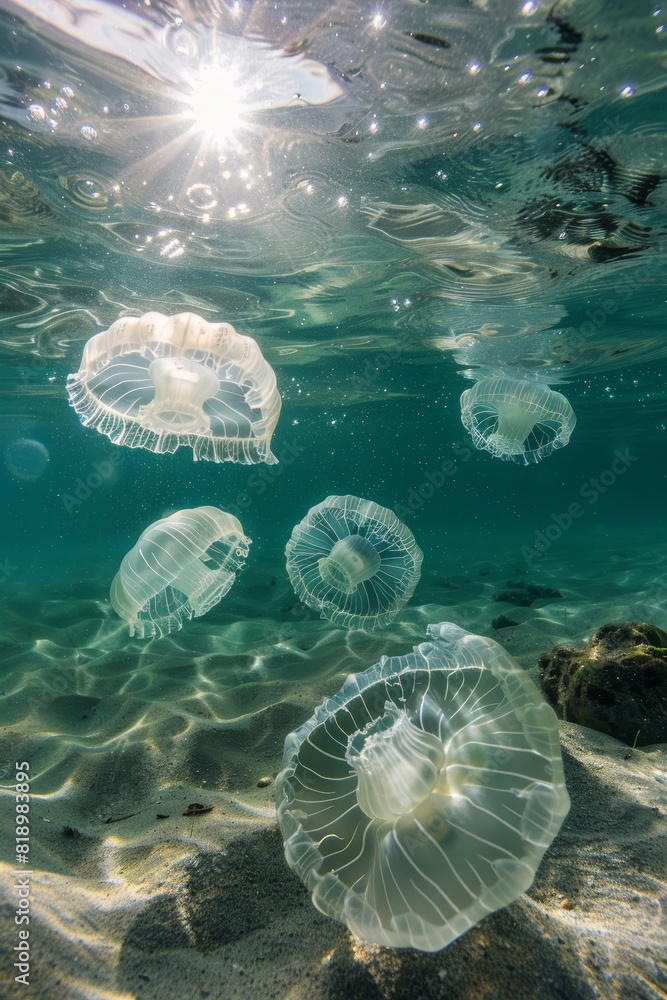Medusas transparentes nadando por aguas tropicales, playa con agua ...