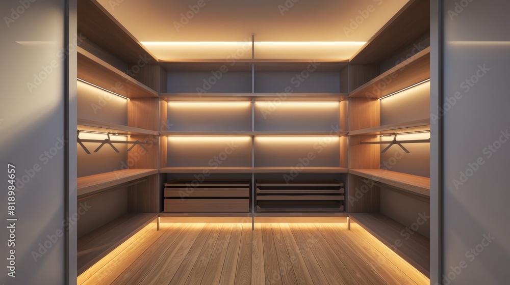 Modern walk-in closet with built-in wooden shelves and drawers ...