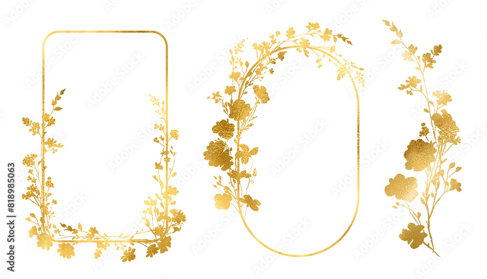 Gold effect hand drawn floral frames and borders. Frames with golden ...
