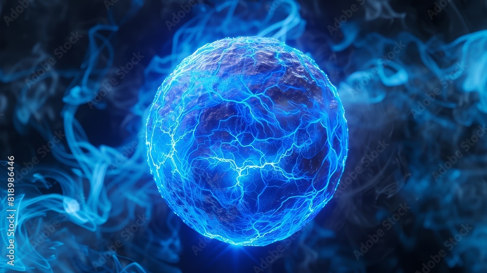 3D rendering of a blue electric sphere plasma ball, in a futuristic ...
