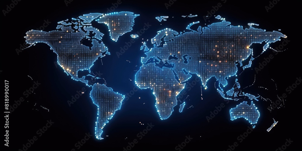 Glowing digital world map on a dark background with sparkling light ...