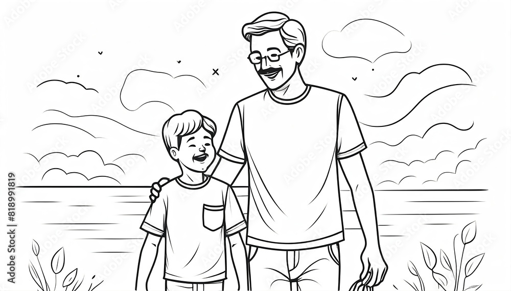 Fathers day line art style vector illustration, father and son line art ...