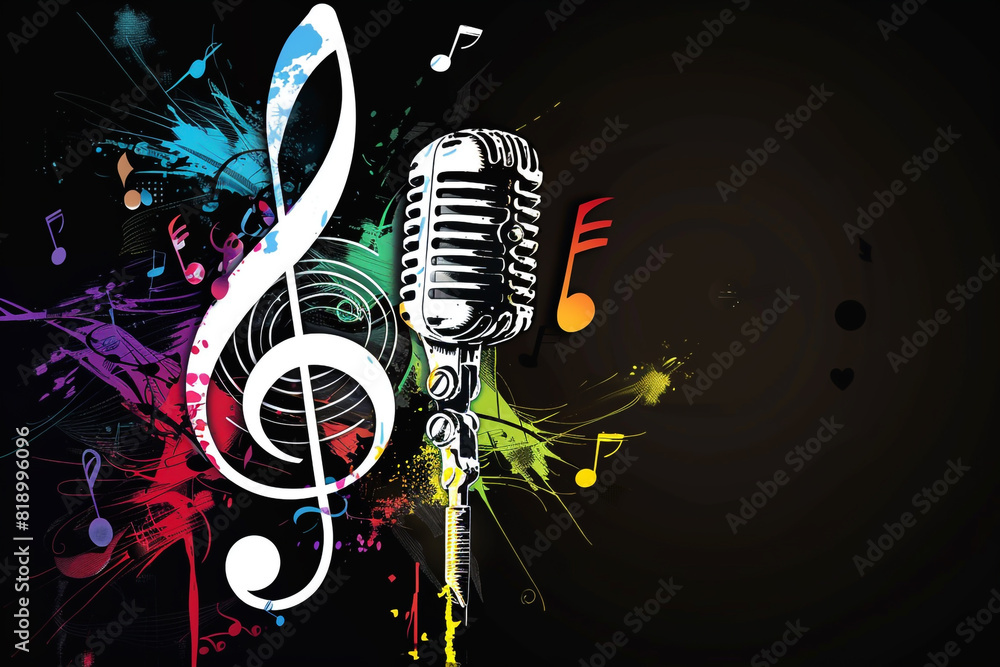 A black-background vector logo incorporating a music note, microphone ...