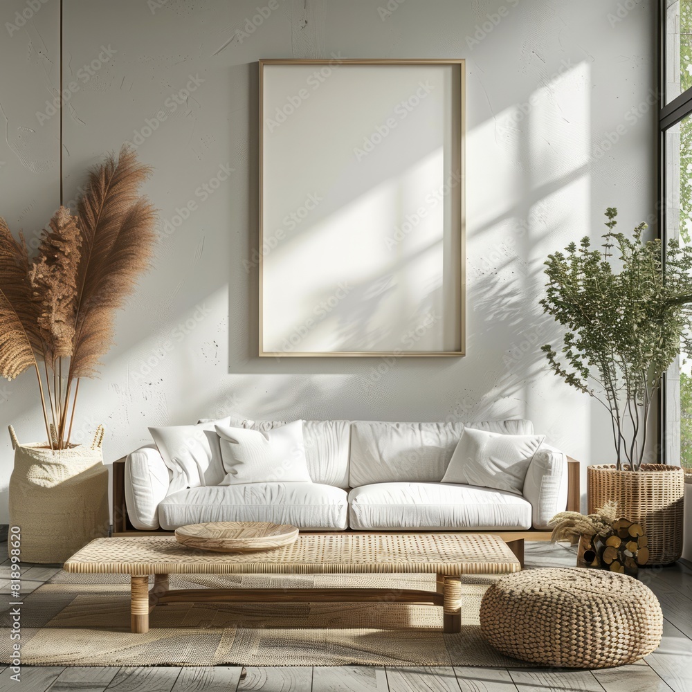 Living room poster mockup with a frame in ISO A paper size, set against ...