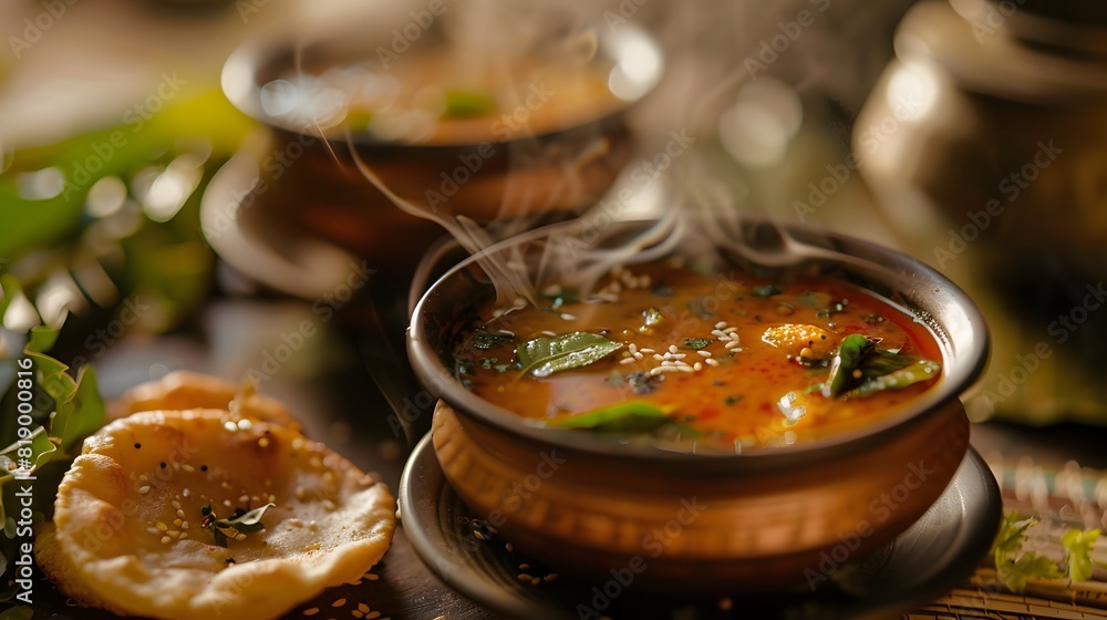 Steaming bowls of fragrant rasam, garnished with fresh curry leaves and ...