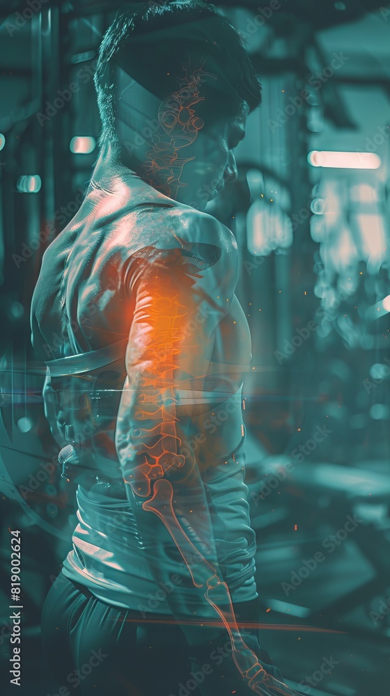 Dynamic double exposure of a muscular man working out in the gym ...