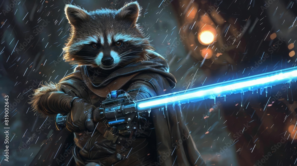 raccoon space warrior in leather cloak with blue laser sword rainy ...