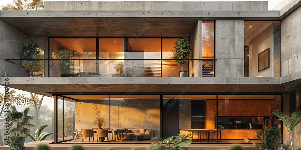 A modern, minimalist apartment building featuring large glass windows ...