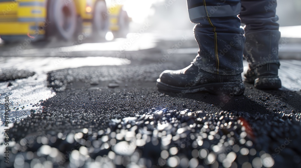 Illustrate a civil engineer checking the evenness of the newly paved ...
