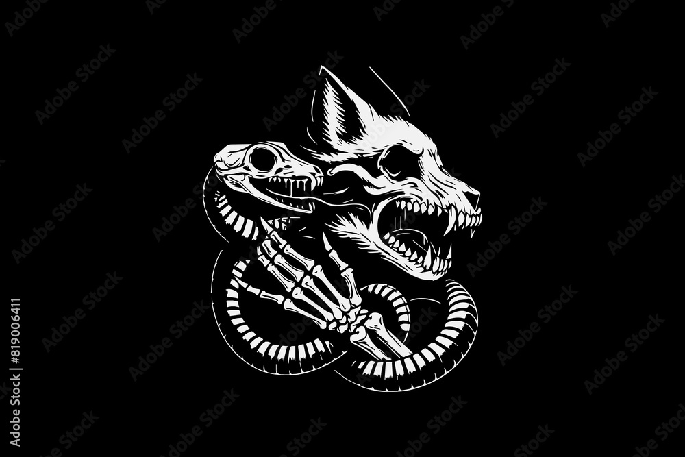 Monster skeleton fox with snake vector design template black and white ...