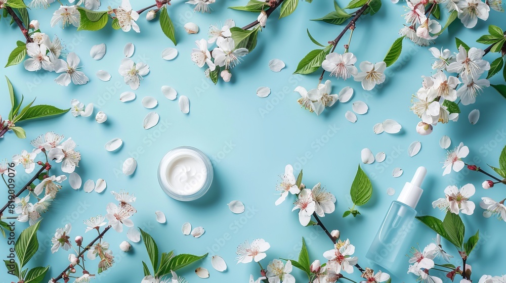 Beauty background with facial cosmetic products, leaves, and cherry ...