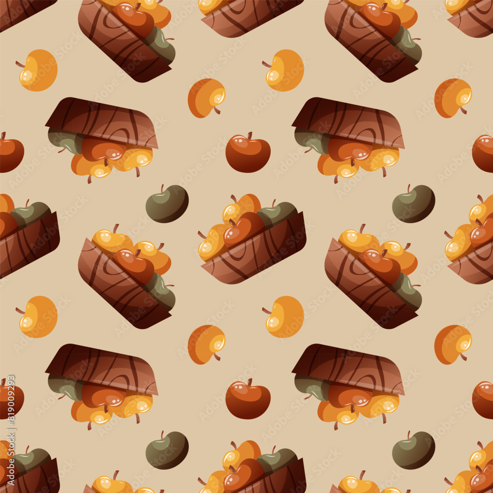 Seamless pattern with wooden bowl of apples. Healthy eating, fruits ...