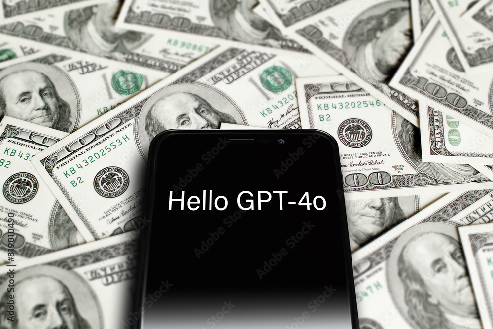 GPT-4o logo on screen smartphone on background of dollars. Announcing ...