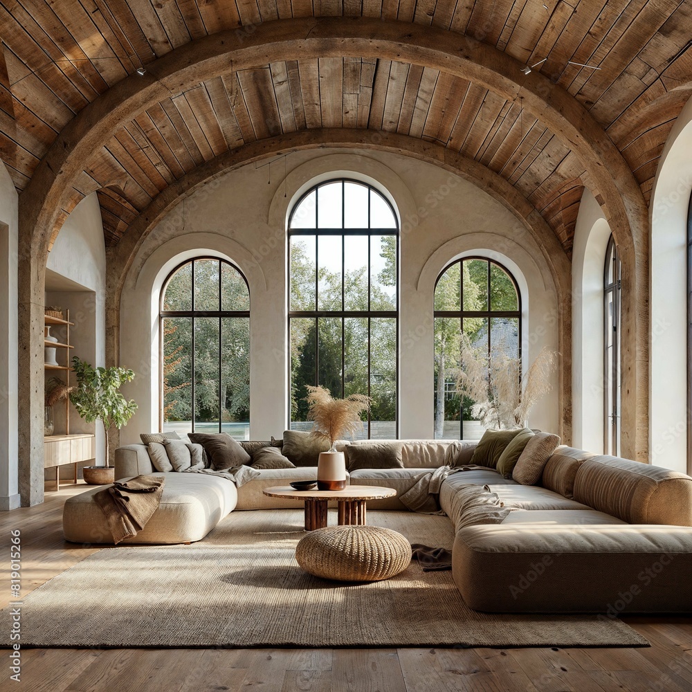 Large living room with arched windows, curved ceiling, and neutral ...