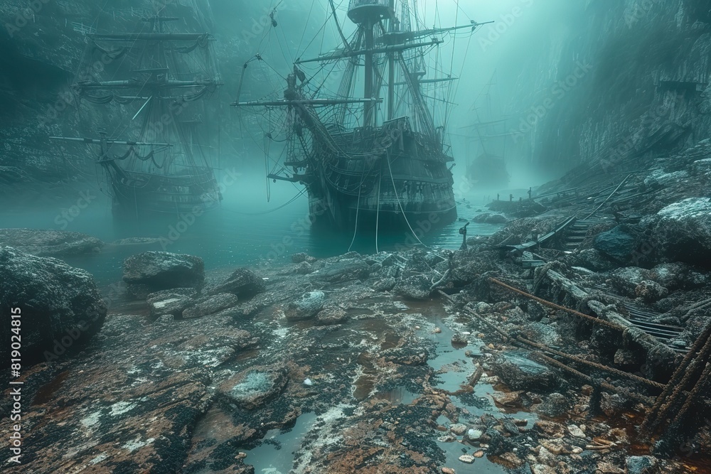 Pirate Shipwreck Scene A dramatic scene of a pirate shipwreck along a ...