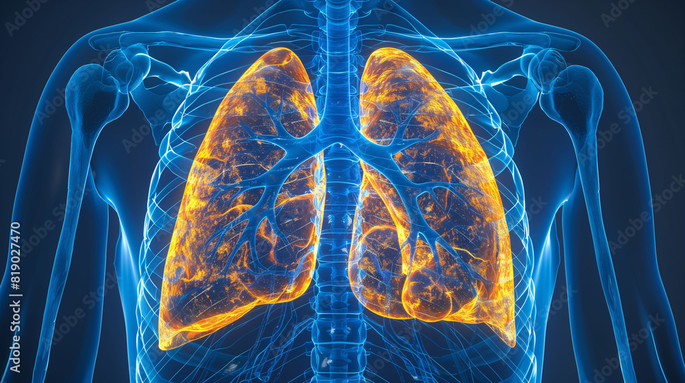 A digital illustration of human lungs highlighted in orange, set ...