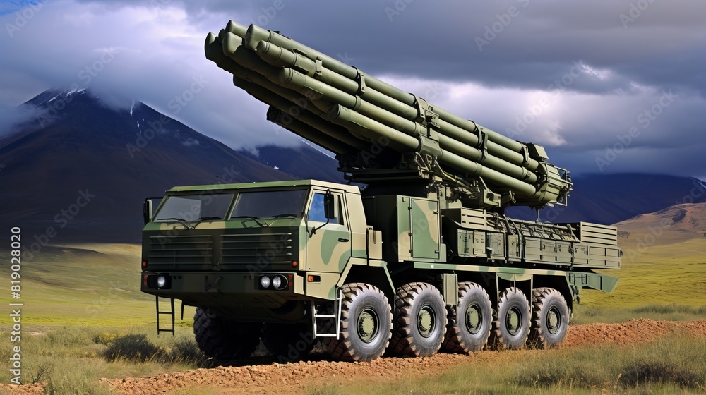Military launcher with a missile ready for transportation and launch ...