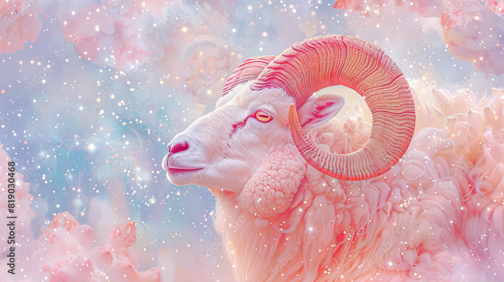 Zodiac sign Aries shown as celestial ram against tranquil starry space ...