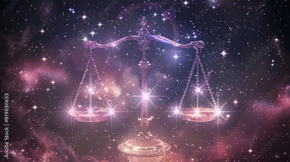 ภาพประกอบสต็อก Zodiac sign Libra shown balancing sparkling scales with ...