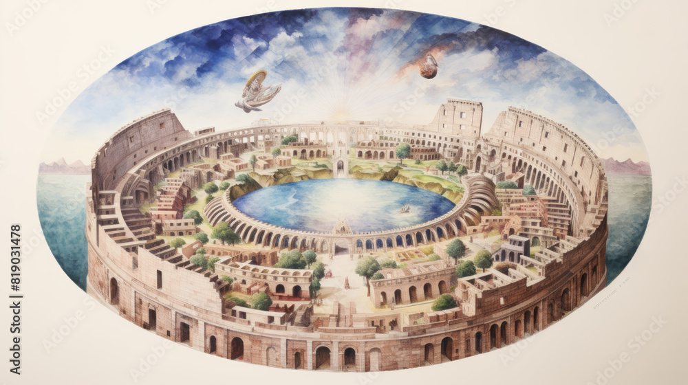 The image shows an ancient Roman Colosseum with a modern city inside ...