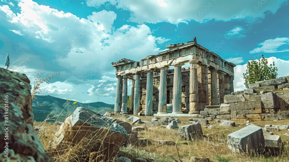 A historic scene ancient Greek temple ruins with crumbling old ...
