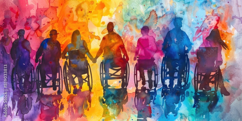 Colorful art watercolor painting depicts a diverse group of ...